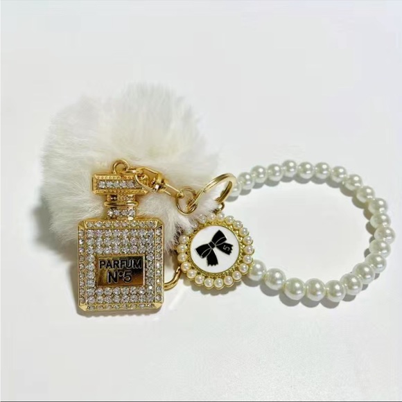 Accessories | Faux Pearl White Rhinestone Perfume Bottle Keychain ...